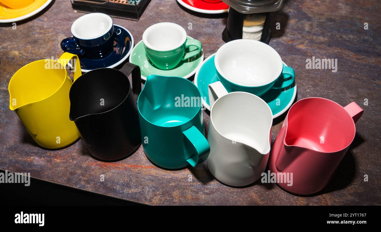 colorful cups and mugs for coffee and tea on the bar counter Stock ...