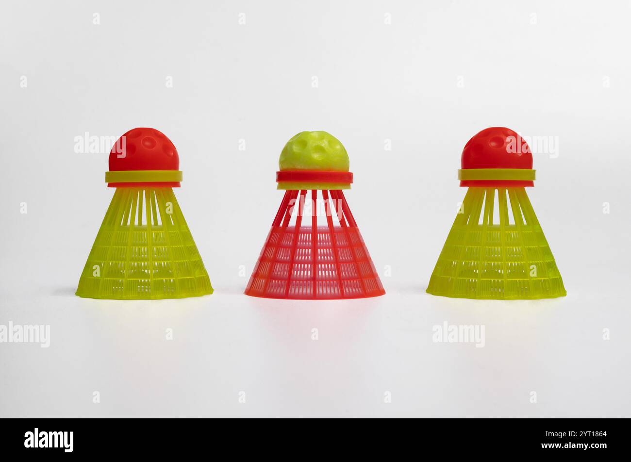 three shuttlecocks for playing crossminton on a white background Stock ...