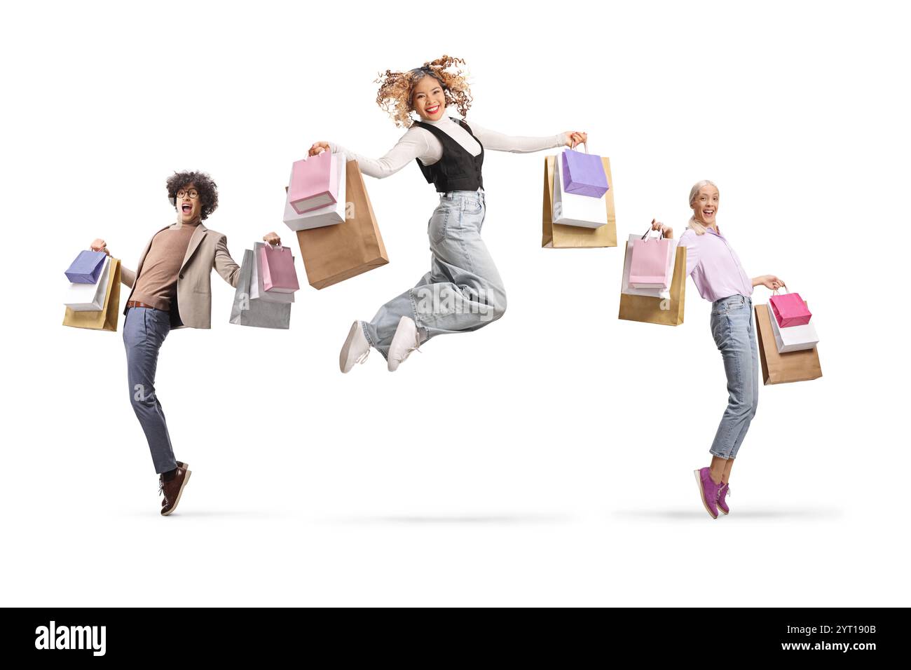 Group of people dancing with shopping bags isolated on white background ...