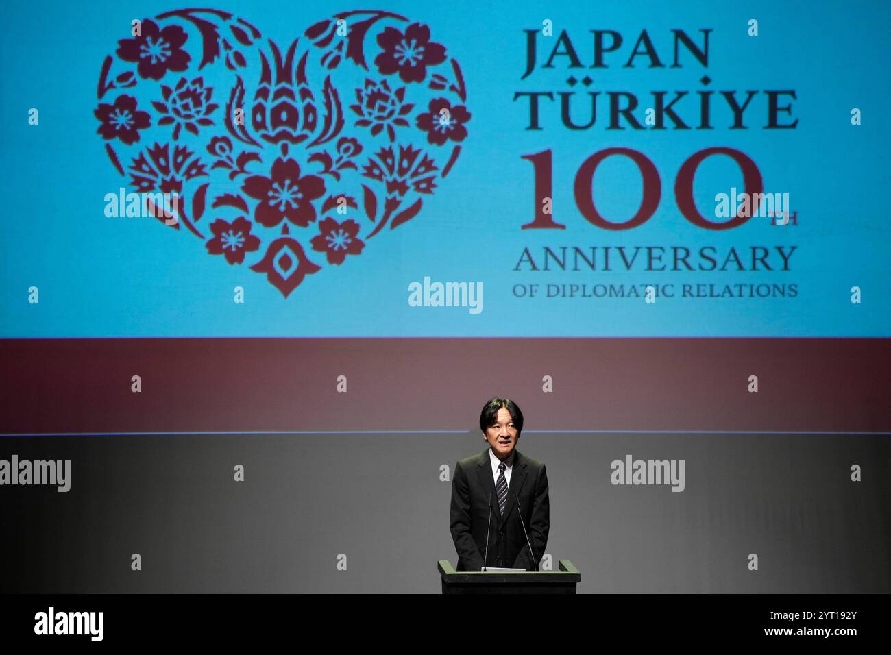 Japan's Crown Prince Akishino addresses the audience during a ceremony ...