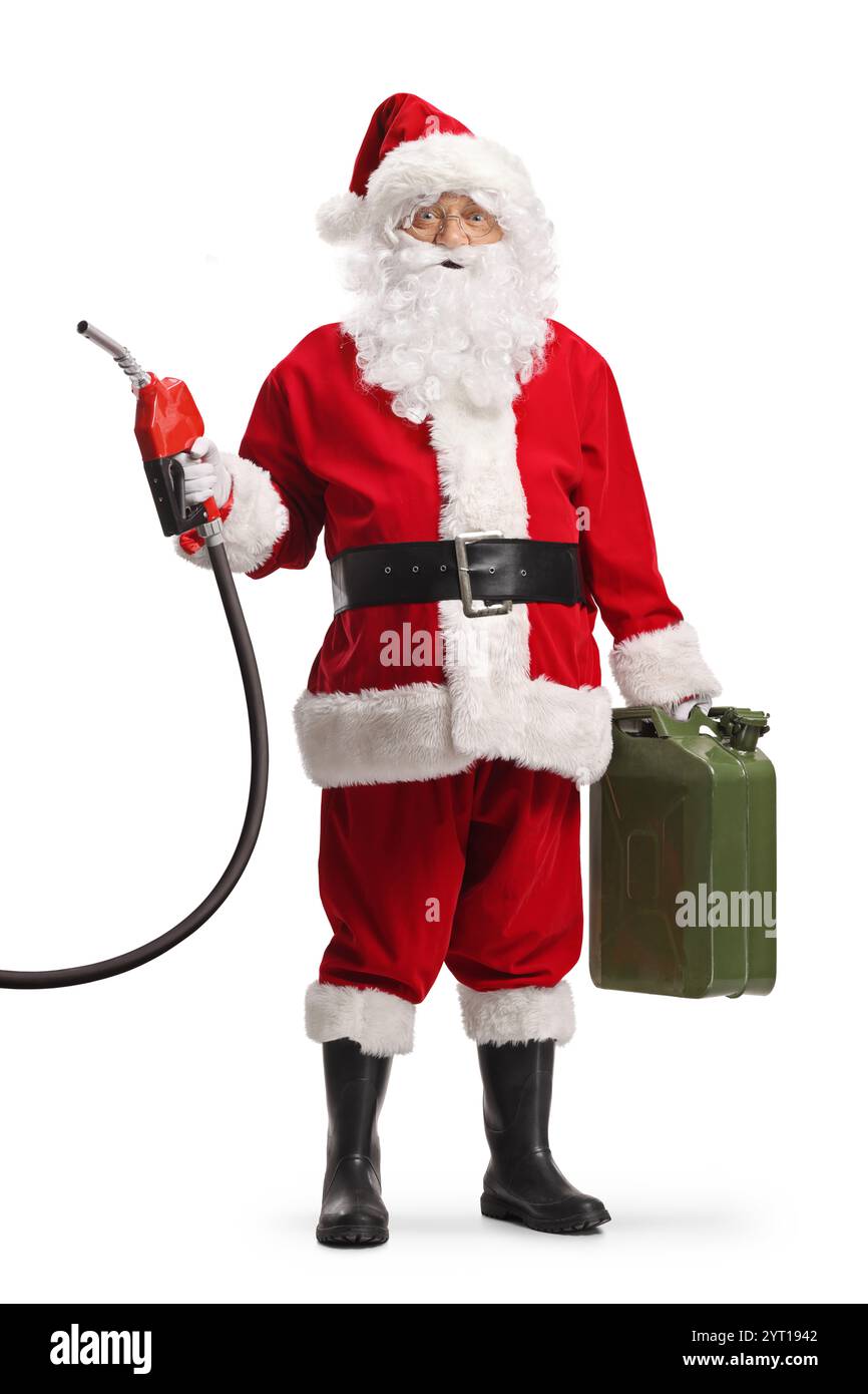 Santa Claus holding a jerrycan and a refuel gun with hose isolated on ...