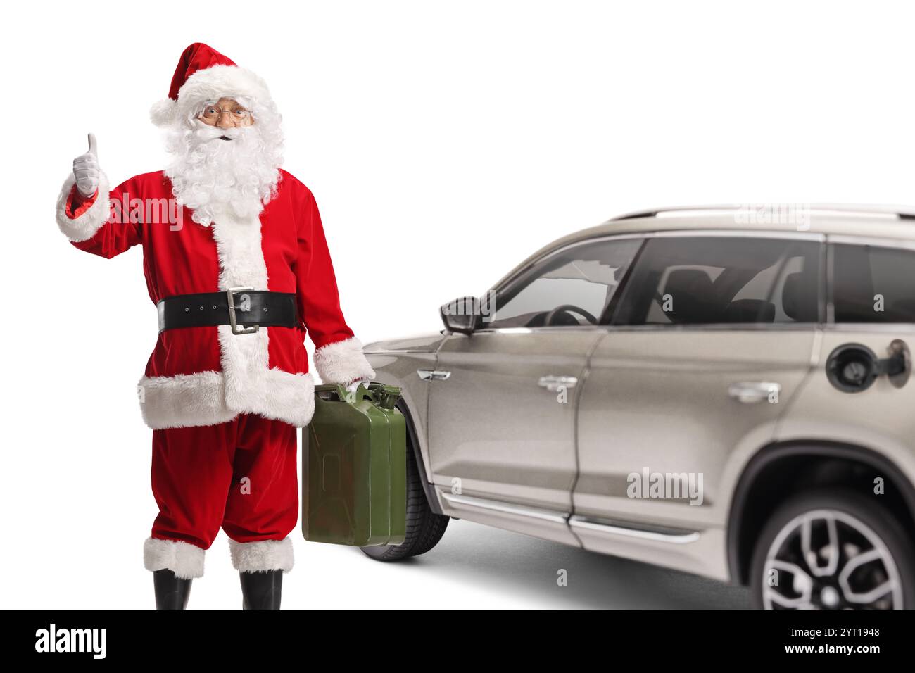 Santa Claus with a car holding jerrycan and gesturing thumbs up ...