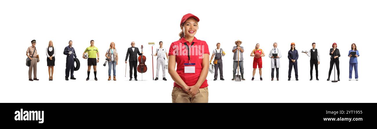 Shop assistant standing in front of people with different professions ...