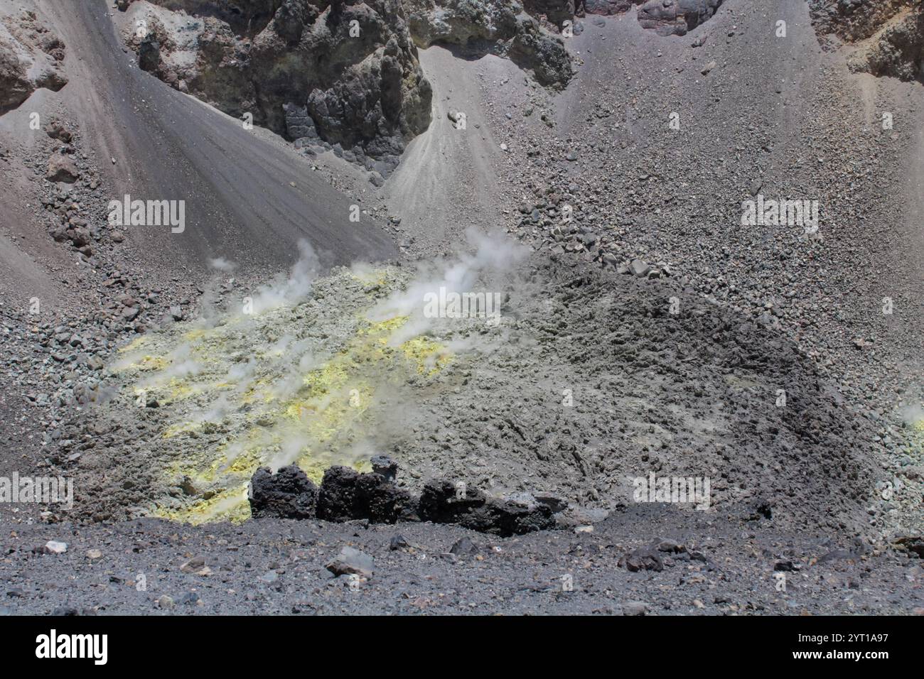 Volcano crater inside. Lava, ash, smoke and rocks inside of volcano ...