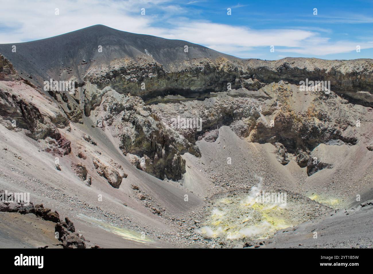Volcano crater inside. Lava, ash, smoke and rocks inside of volcano ...
