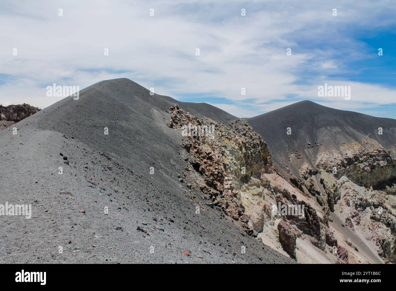 Volcano crater inside. Lava, ash, smoke and rocks inside of volcano ...