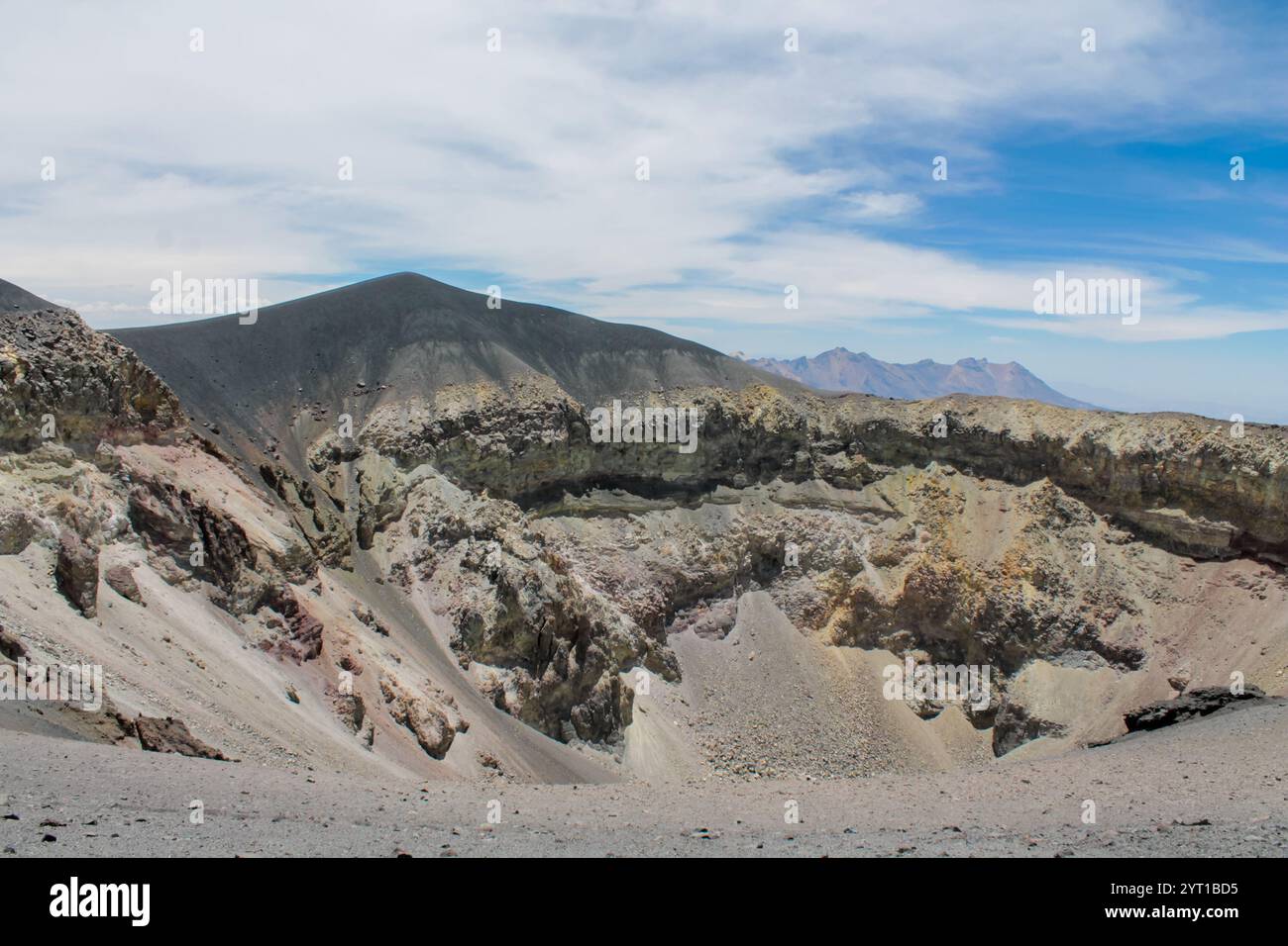 Volcano crater inside. Lava, ash, smoke and rocks inside of volcano ...