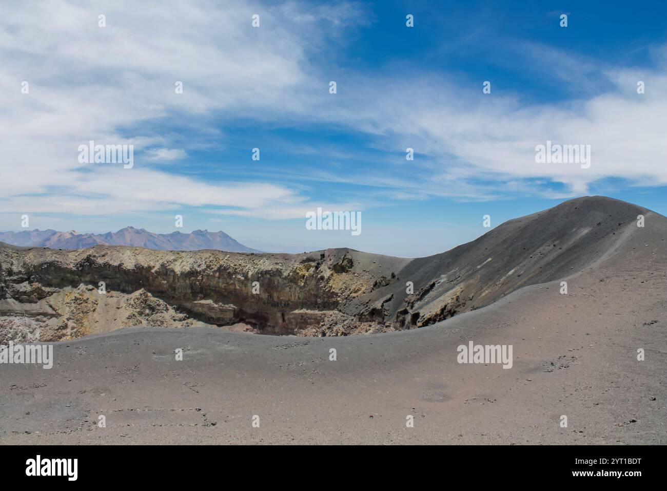 Volcano crater inside. Lava, ash, smoke and rocks inside of volcano ...