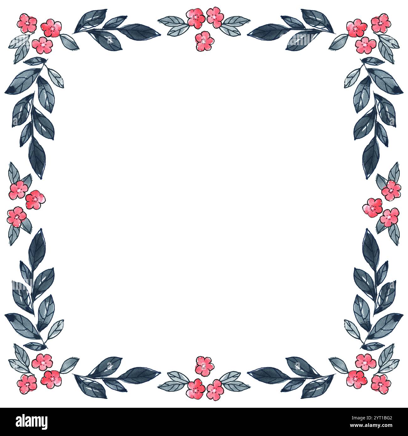 Hand painted watercolor floral border with leaves and pink flowers for ...