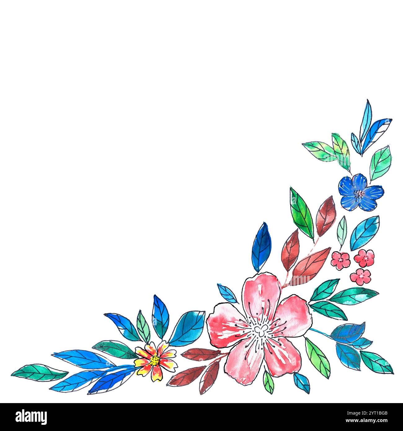 Vibrant hand painted watercolor floral corner design featuring various ...