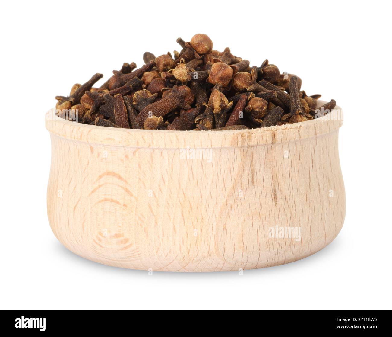 Dry clove buds in wooden bowl on white background. Aromatic spice Stock ...