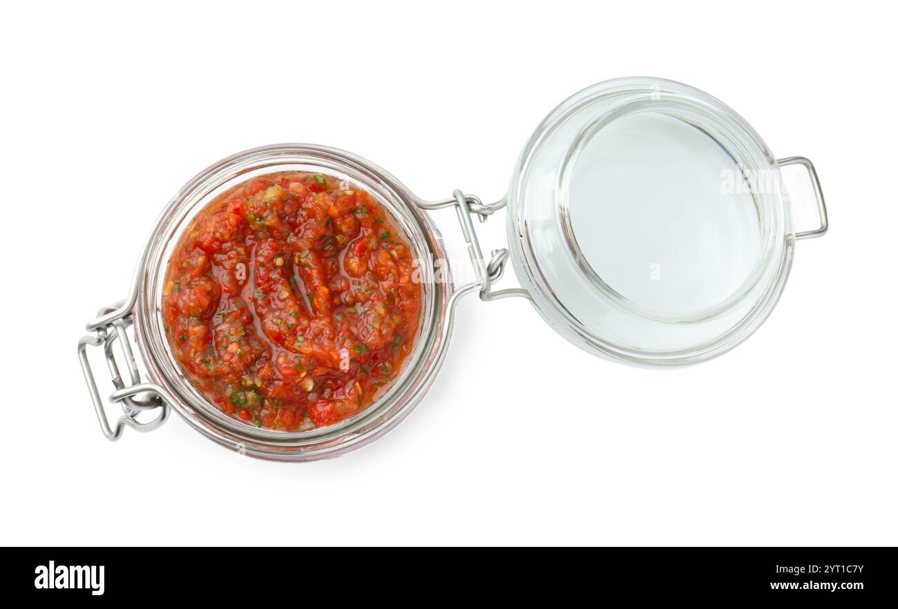 Delicious homemade red salsa in jar isolated on white, top view Stock ...