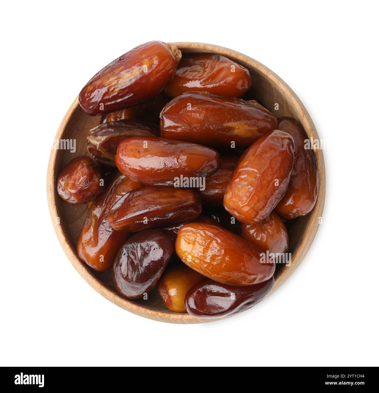 Tasty sweet dried dates in wooden bowl isolated on white, top view ...