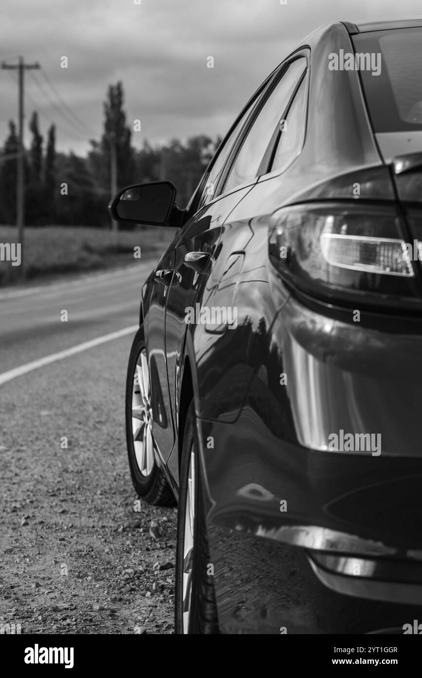 Car made a stop on the road. Back bumper and back lights of black car ...