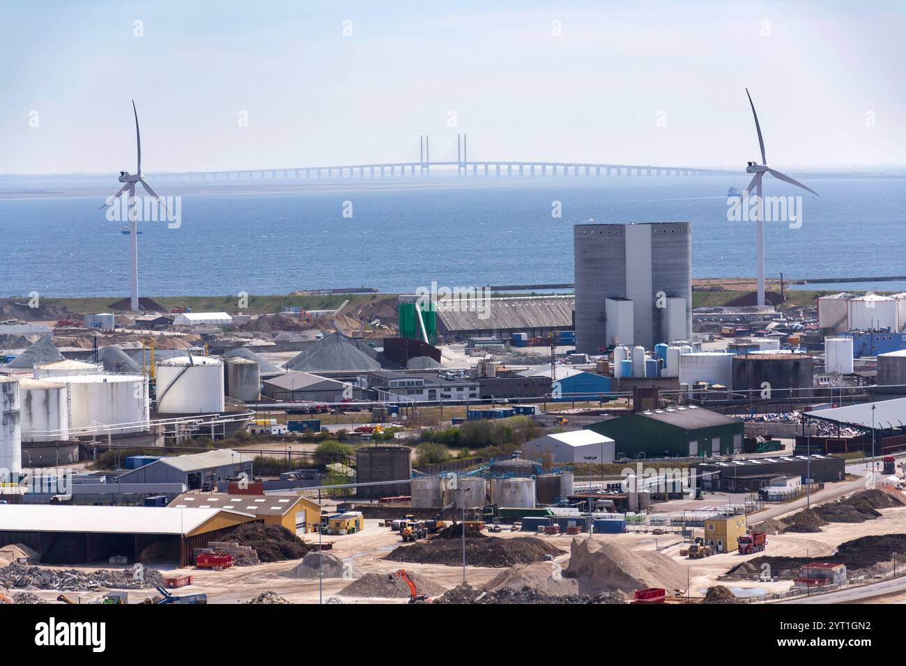 Wind turbines in Copenhagen port with the Oresund bridge in background ...