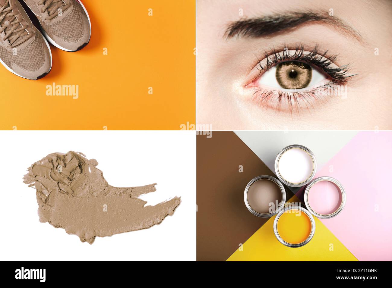Collage featuring eye, sneakers, paint, and swatch in earthy tones ...