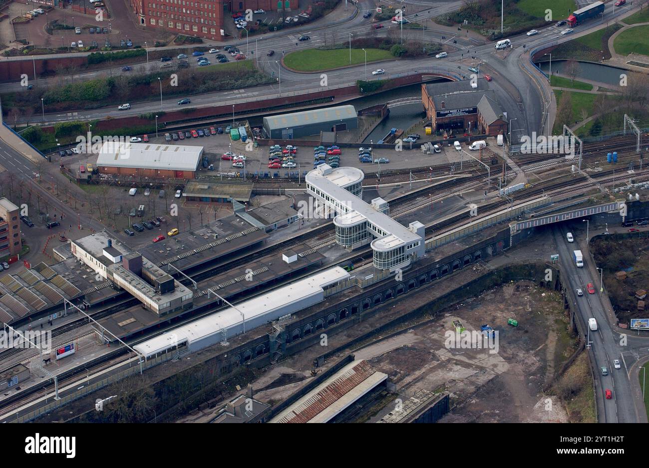 Aerial view of Wolverhampton Railway Station and Canal Clun nightclub ...