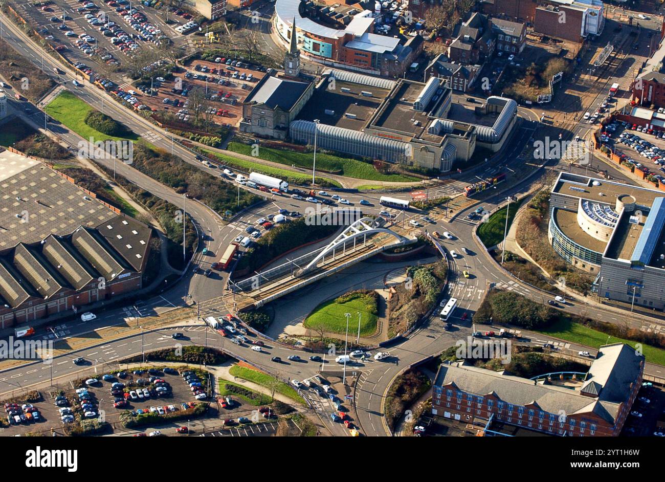Aerial view of the Wolverhampton St Georges traffic island with a metro ...