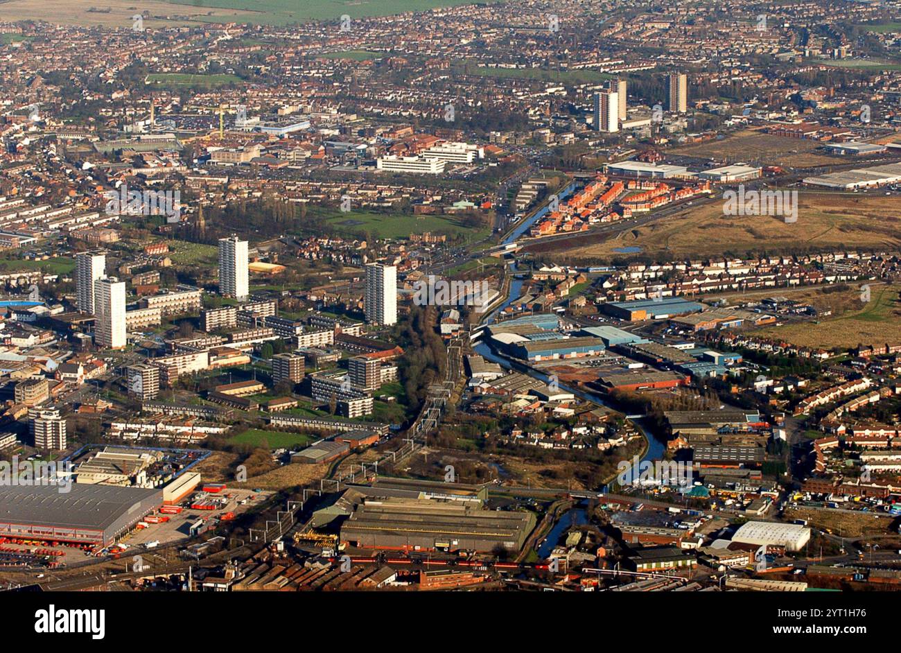 Aerial view of the City of Wolverhampton with Heath Town flats on the ...
