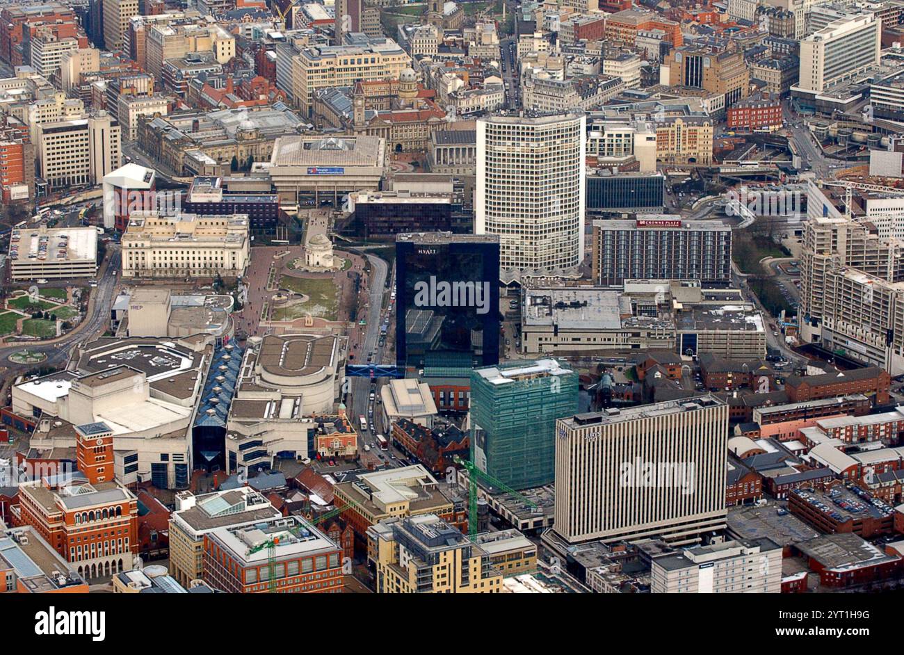 An aerial view of Birmingham showing Hyatt and Crown Plaza hotels and ...