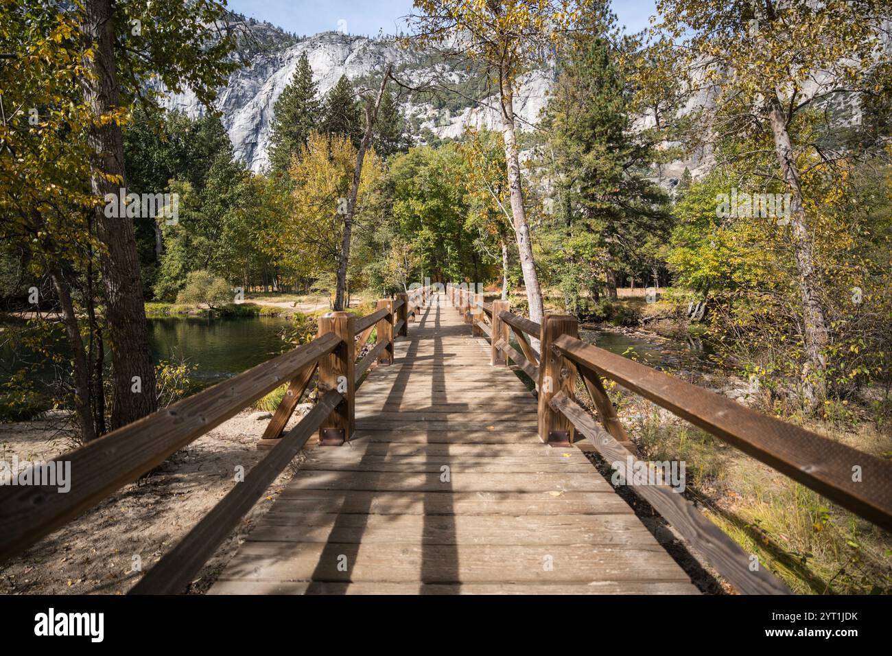 Yosemite Valley wooden footbridge near Curry Village. The bridge is ...