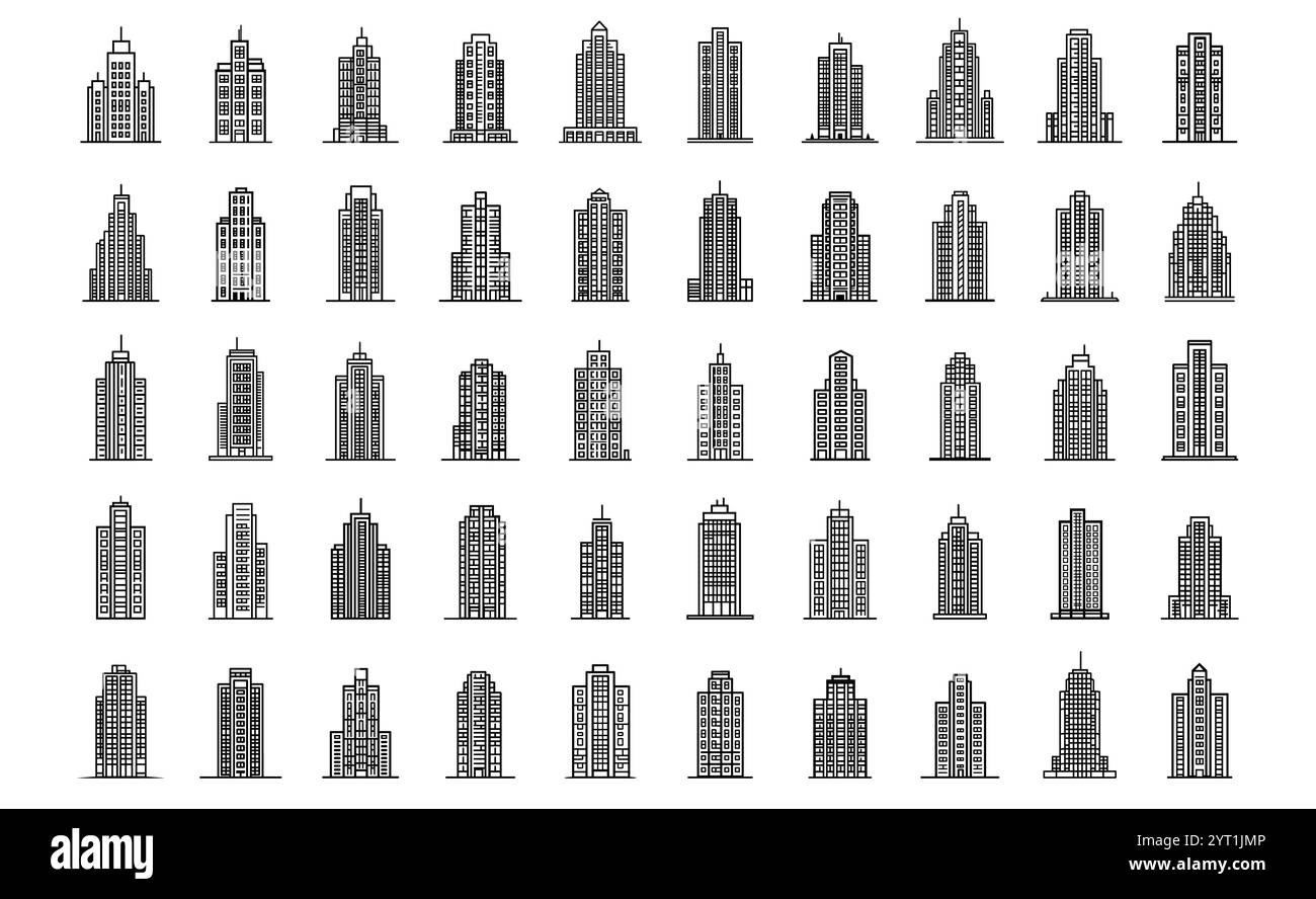 Building icon set. Outline cityscape construction and apartment. Business architecture town and ...