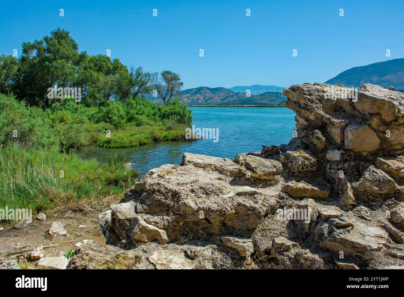 Late-antique and medieval walls on the shore of Lake Butrint in Butrint ...