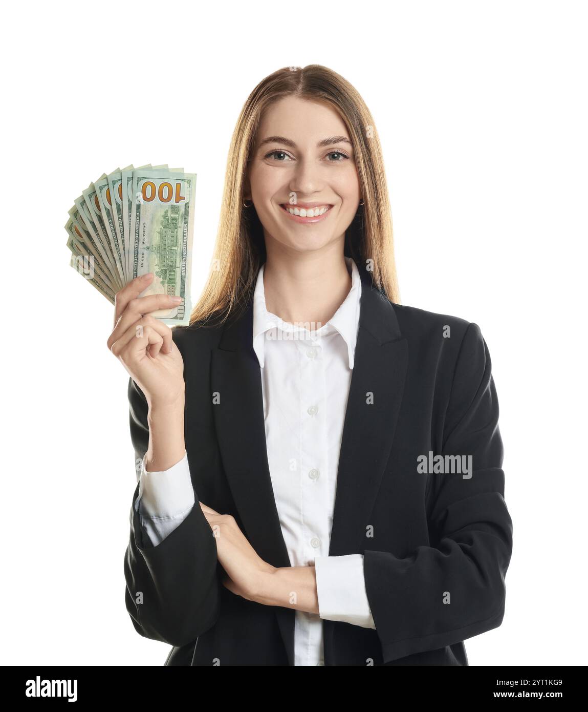 Portrait of banker with dollar banknotes on white background Stock ...