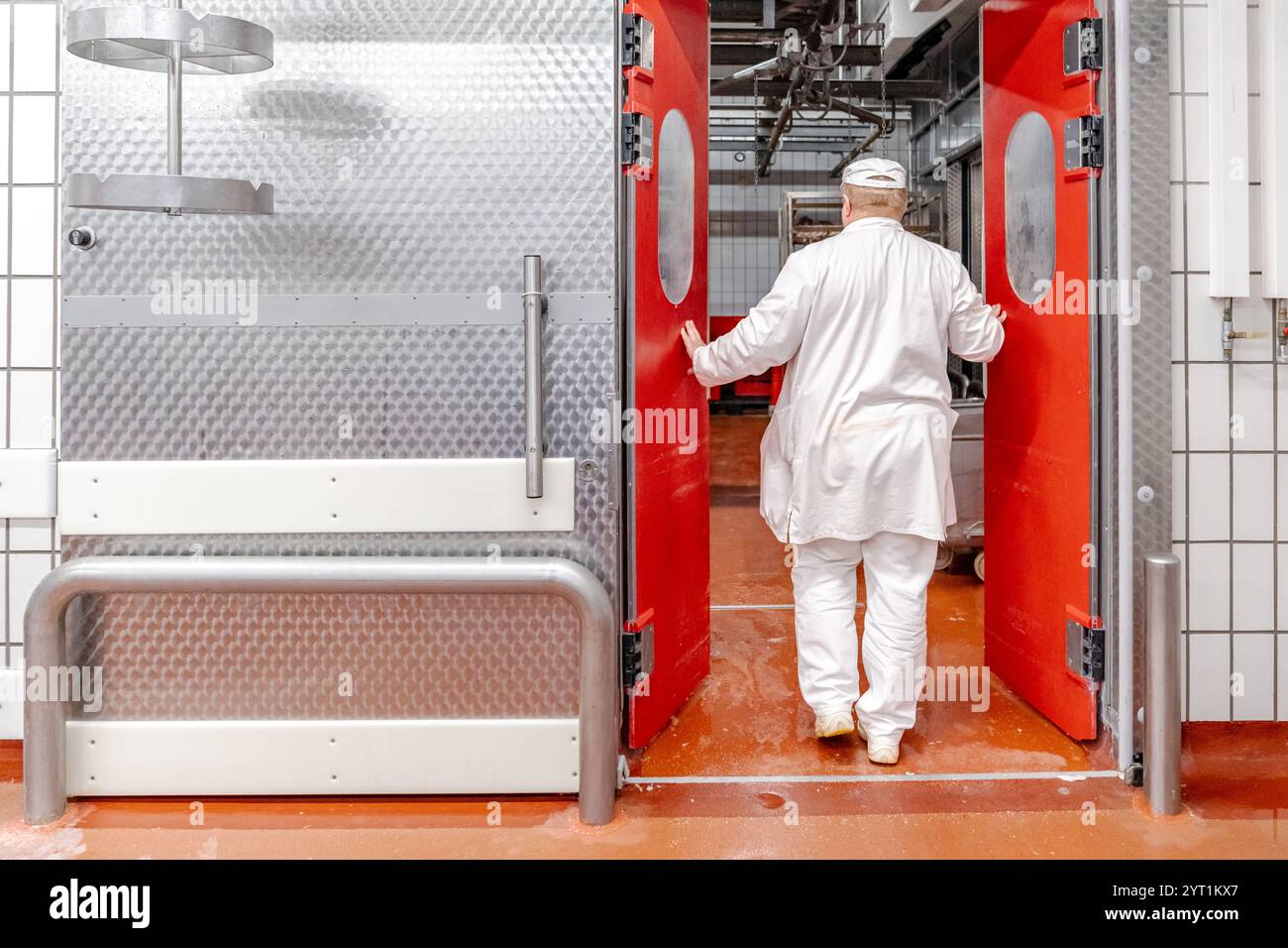 Butcher opening red door entering cold storage room in meat processing ...