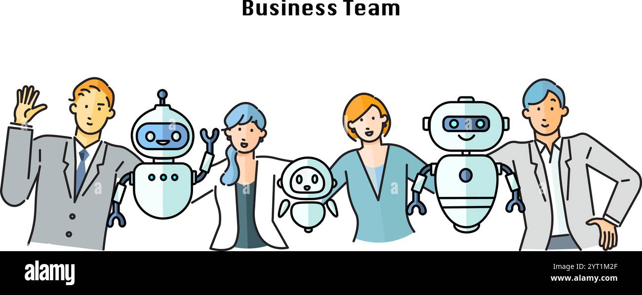 Teamwork-businesspeople and robots with smile -vector illustration ...