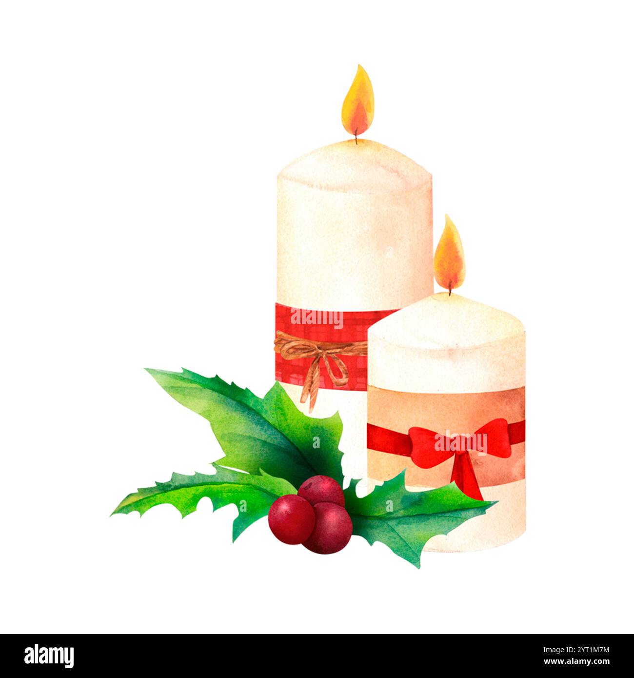 New Year Candle Decor: A watercolor depiction of a lit white candle ...