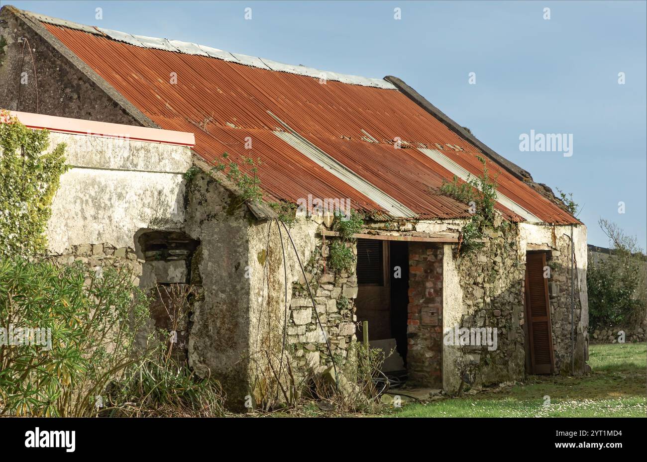 Cork, Republic of Ireland - March 17th 2024 -A broken dowm ancient barn ...
