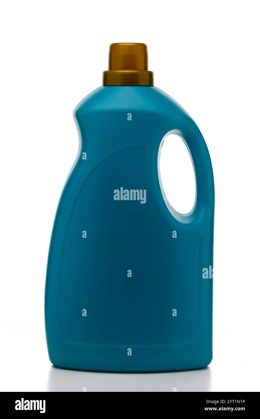 A sleek blue detergent bottle with a golden cap reflects modern ...