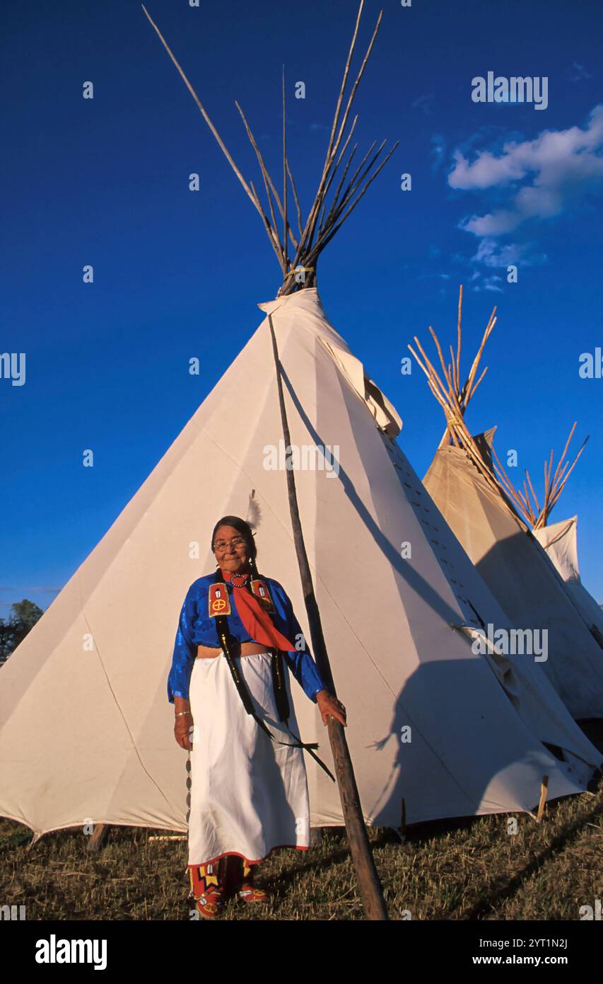 Cree Nation, Woman in fron of Tipi at Duck lake, Pow Wow, Saskatchewan ...