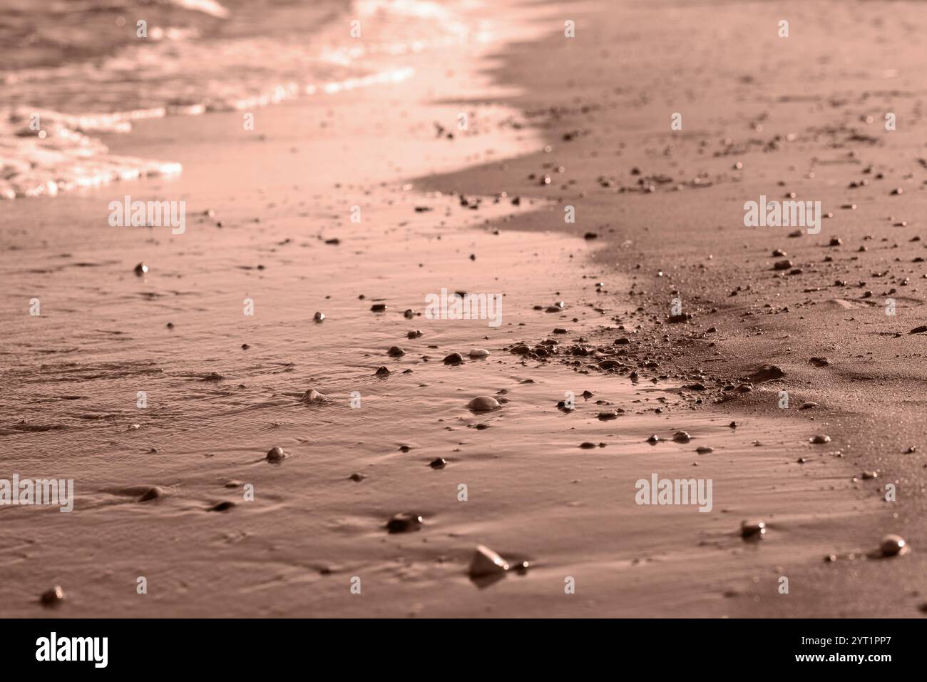 Sea wave on sandy beach with pebbles. Cozy evening abstract background ...