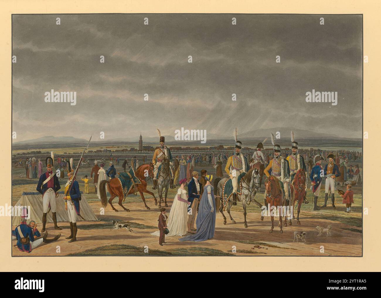 Soldiers and a group of women and men, Vintage Military Lithograph by ...