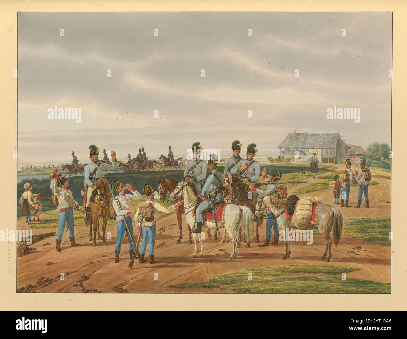 Austrian Soldiers on foot and horseback arriving in village, Vintage ...