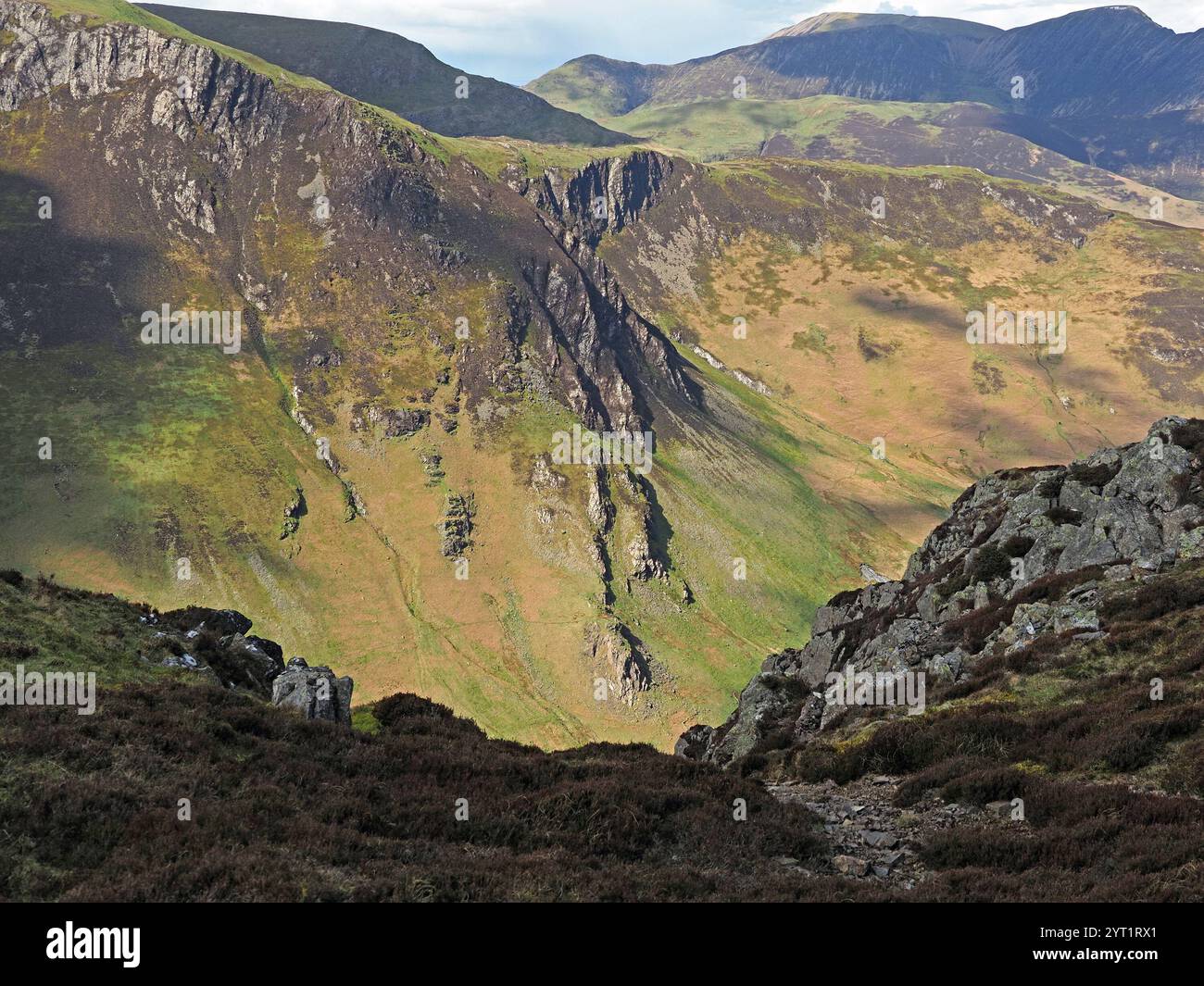 dramatic view from Caste Nook on Maiden Moor across Newlands valley to ...