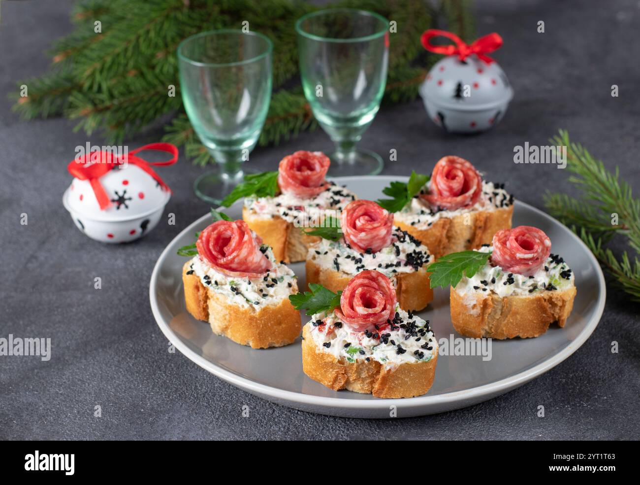 Canapes with cream cheese and sausage on white bread toast Stock Photo ...