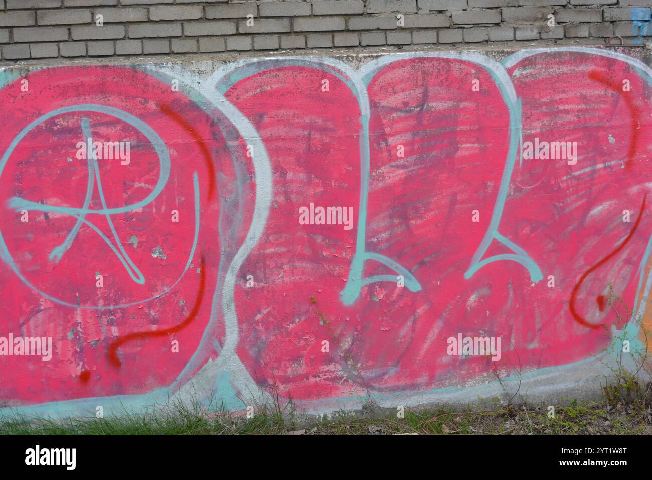 Beautiful and unusual drawings, inscriptions on old walls, pink letters ...