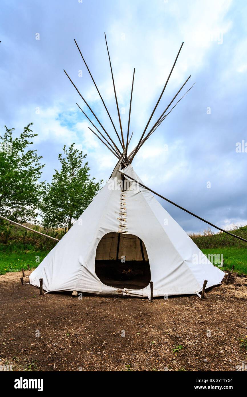 A teepee is standing in a field with a cloudy sky in the background ...