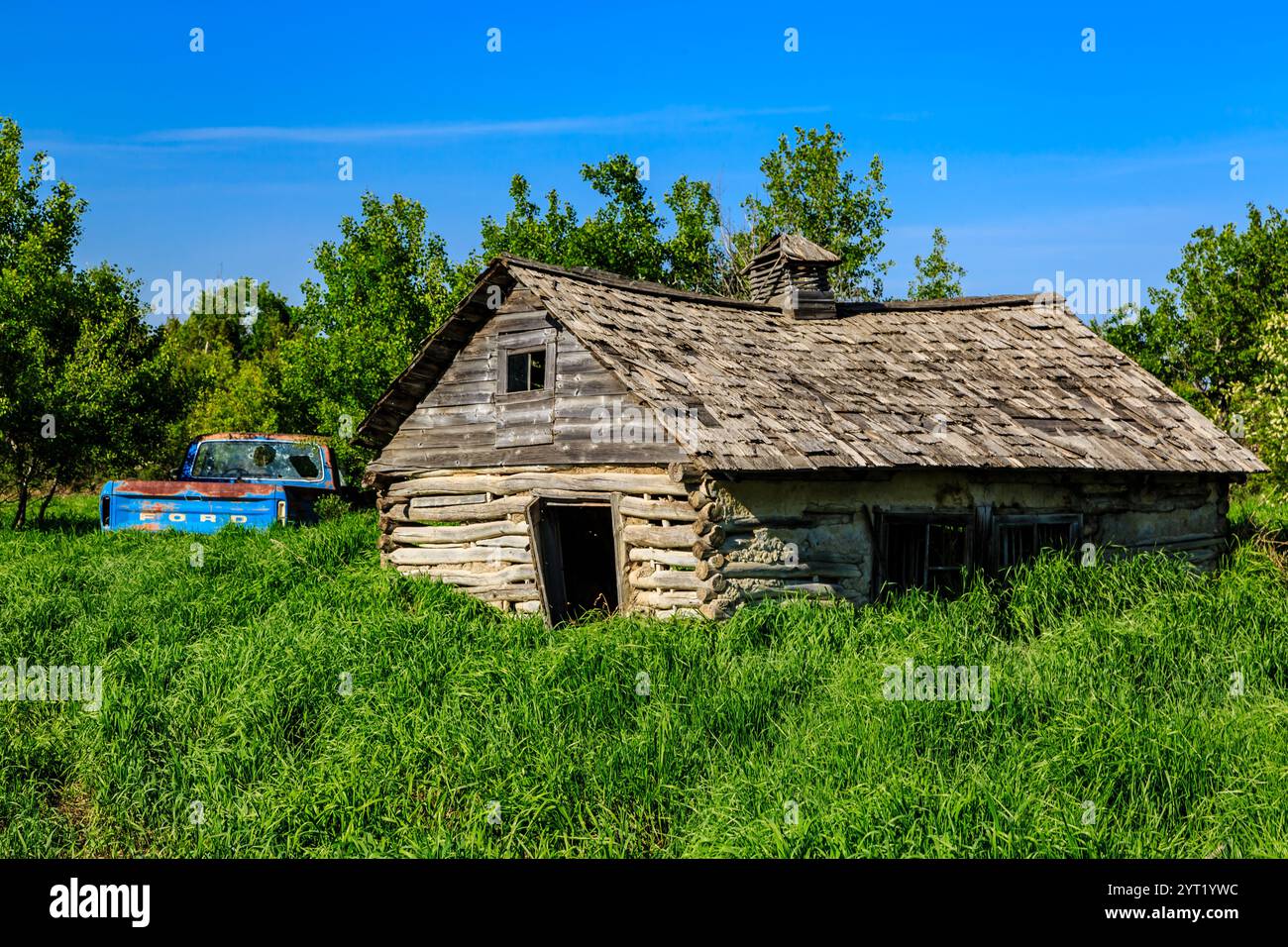 A blue truck is parked in front of a dilapidated old house. The house is surrounded by a lush ...