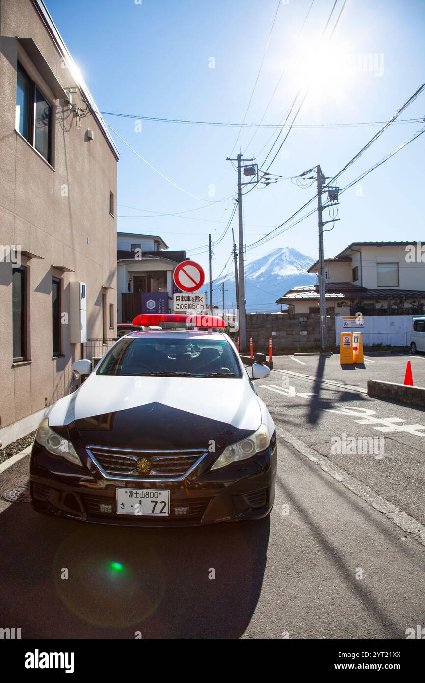 Japanese police car parked in a side road in Kawaguchiko with Mount ...