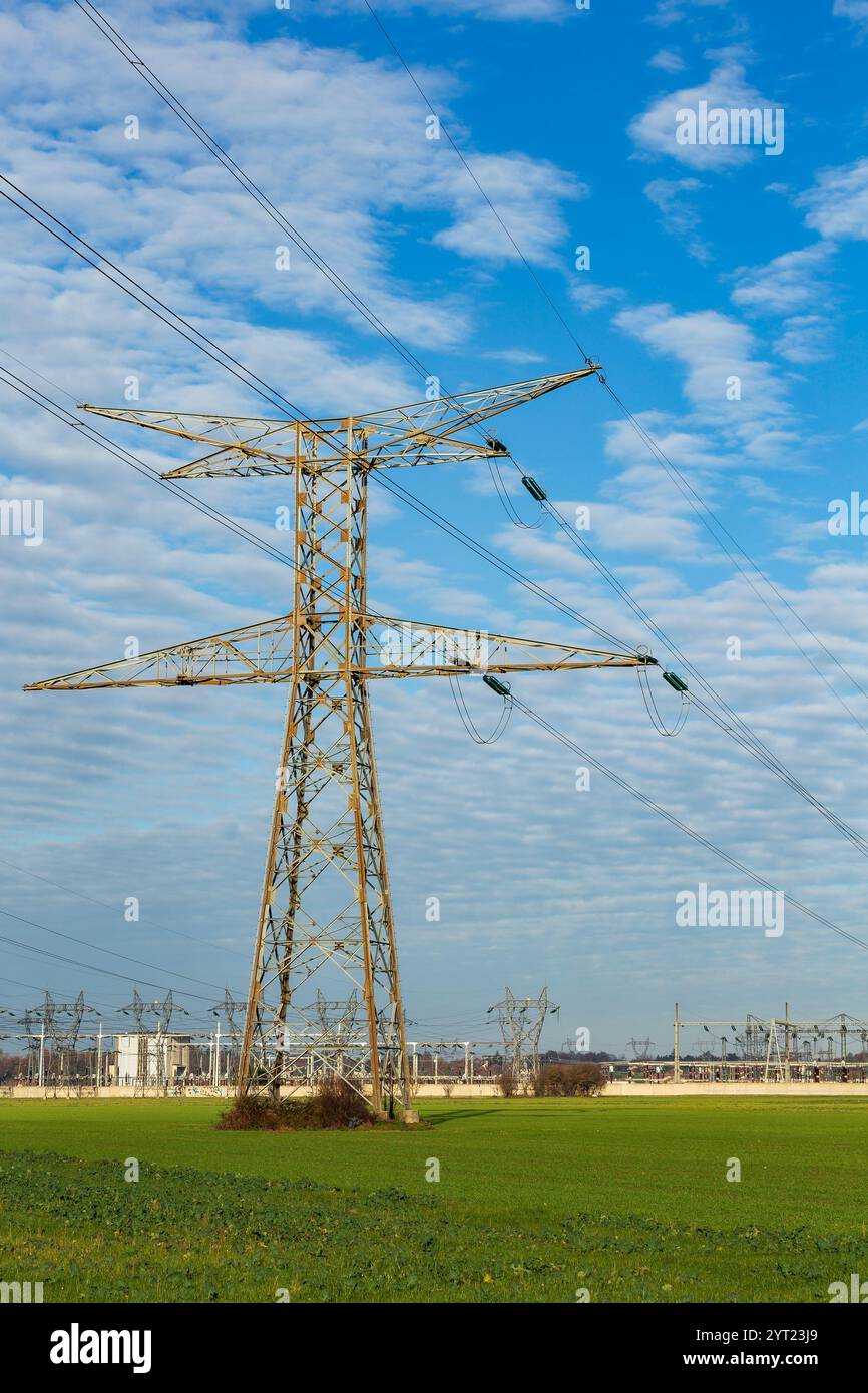 RTE electrical transformer and distribution substation in Mions, Rhone ...