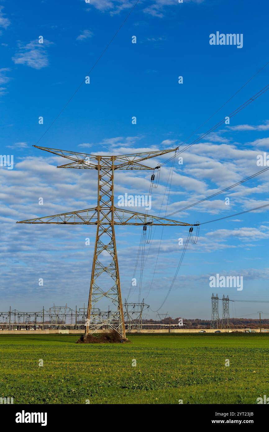 High voltage pylon in the French countryside. 400 kV High voltage ...