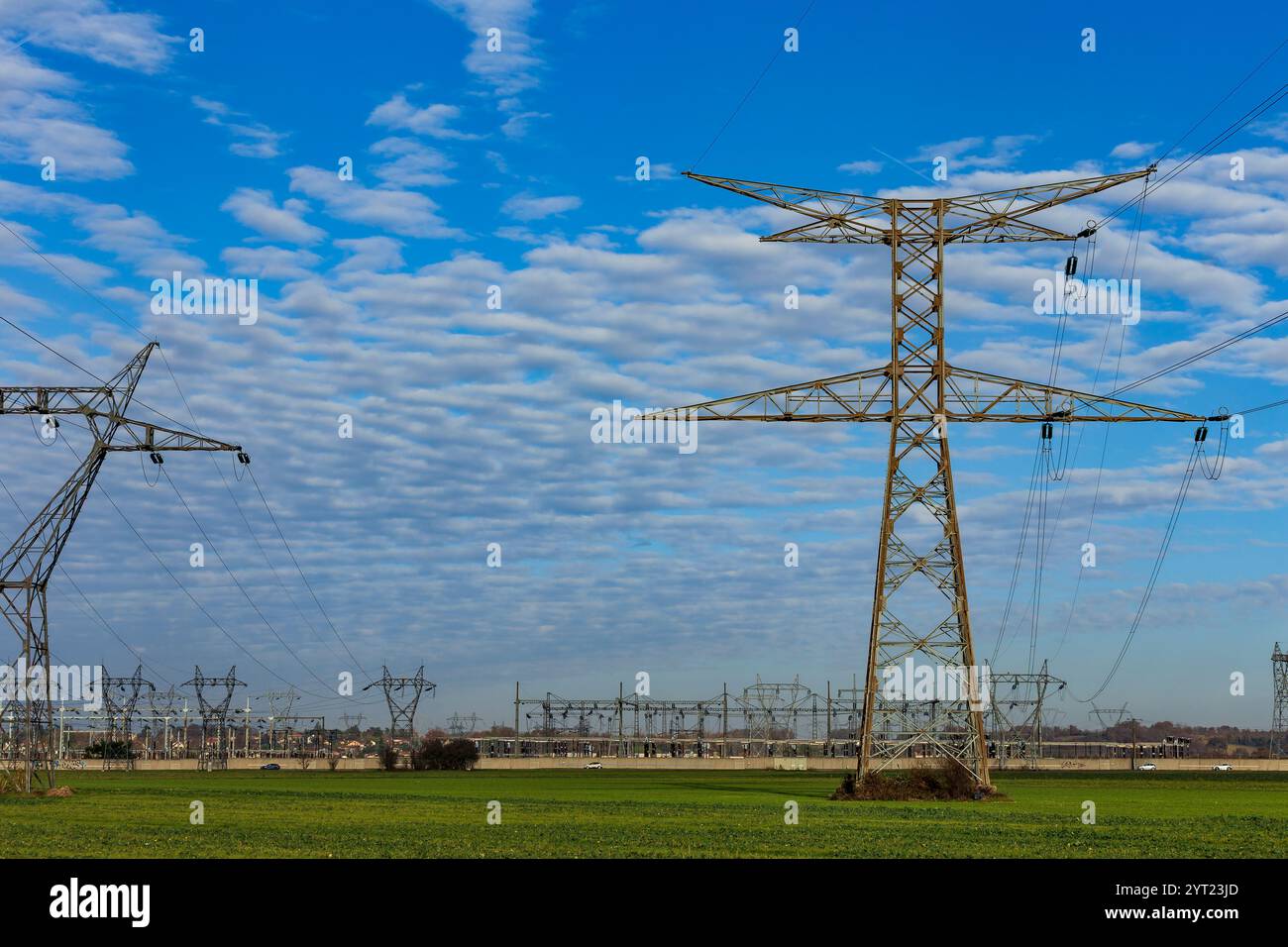 High voltage pylon in the French countryside. 400 kV High voltage ...
