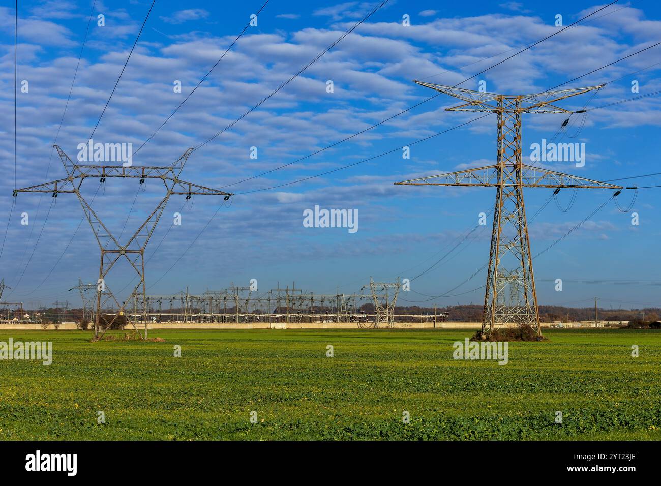 High voltage pylon in the French countryside. 225 kV an 400 kV High ...