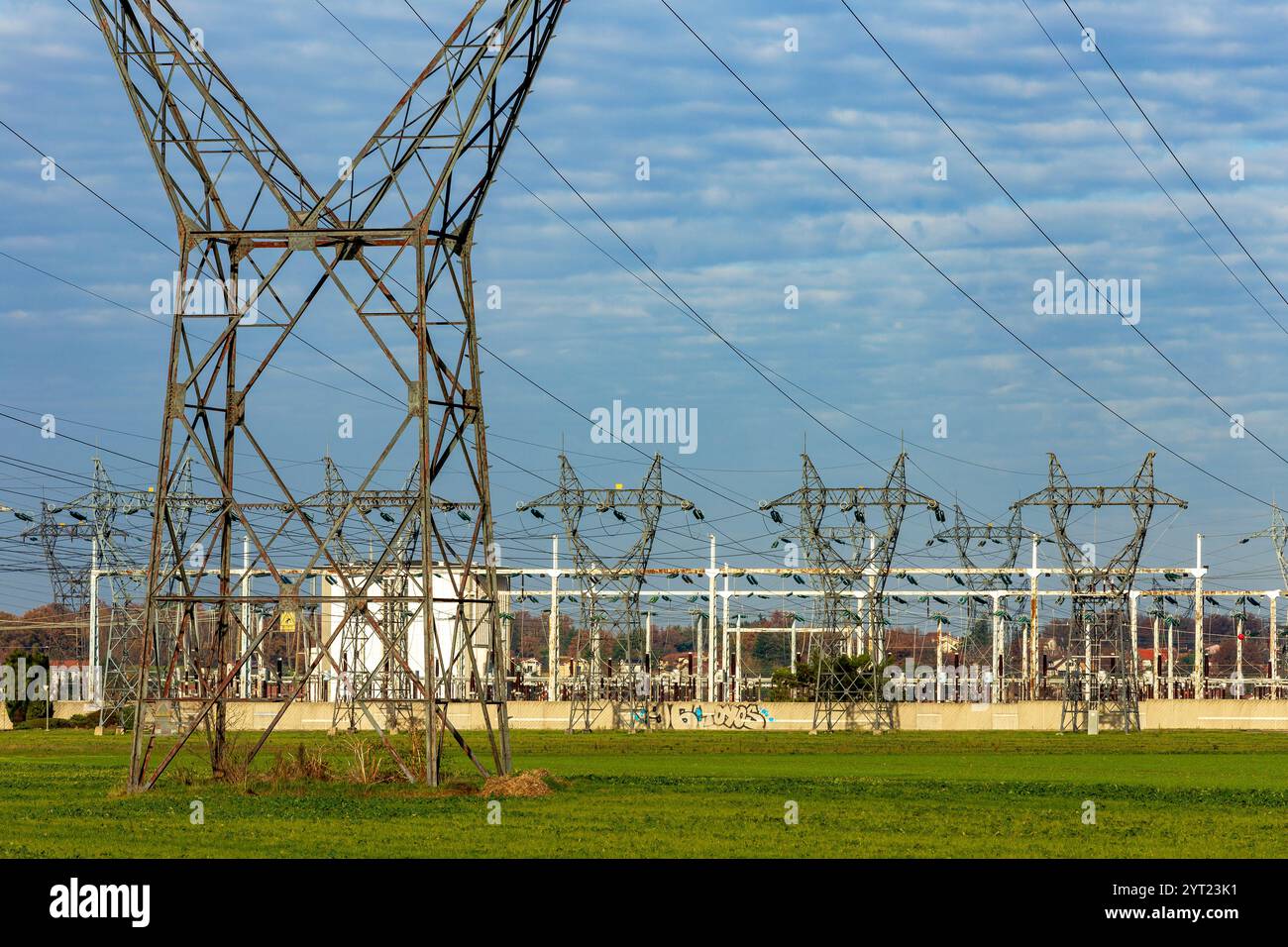 High voltage pylon in the French countryside. 225 kV High voltage ...