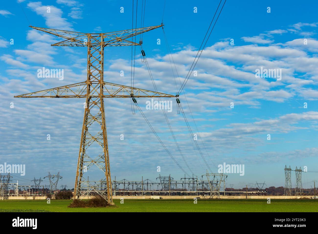 High voltage pylon in the French countryside. 400 kV High voltage ...