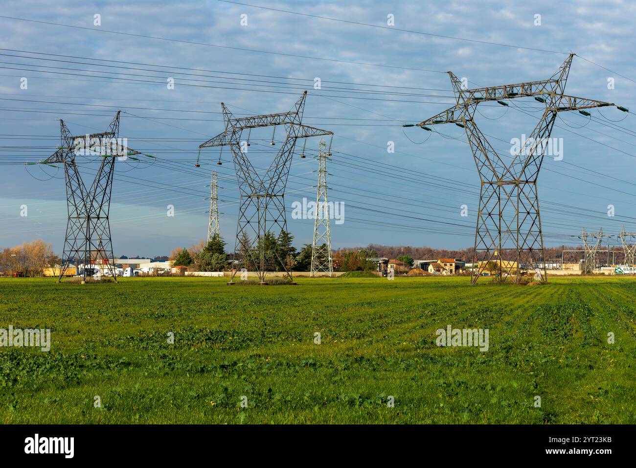 RTE electrical transformer and distribution substation in Mions, Rhone ...